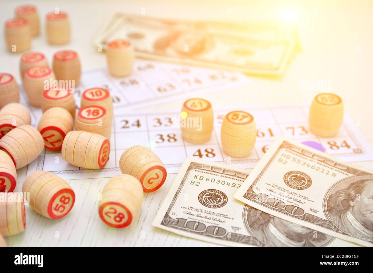 board game lotto. Wooden barrels on paper cards, a game for money Stock ...