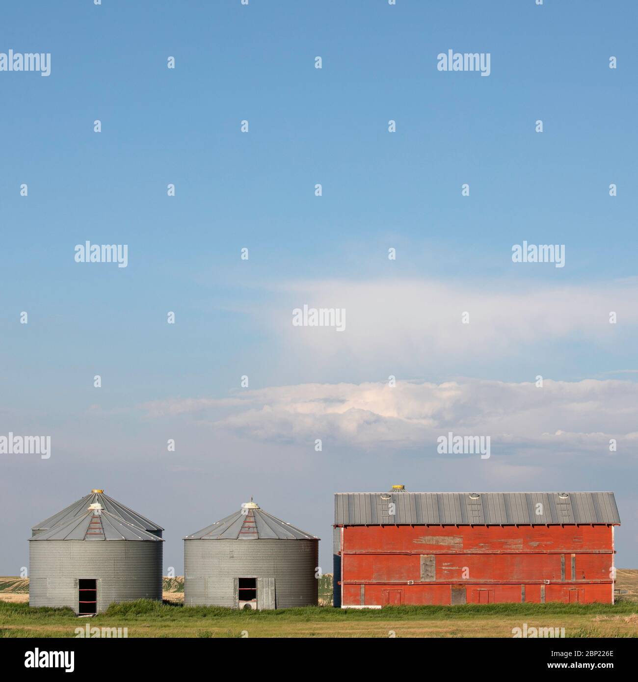 Two grain bins next to a small red barn in the Alberta prairies Stock ...