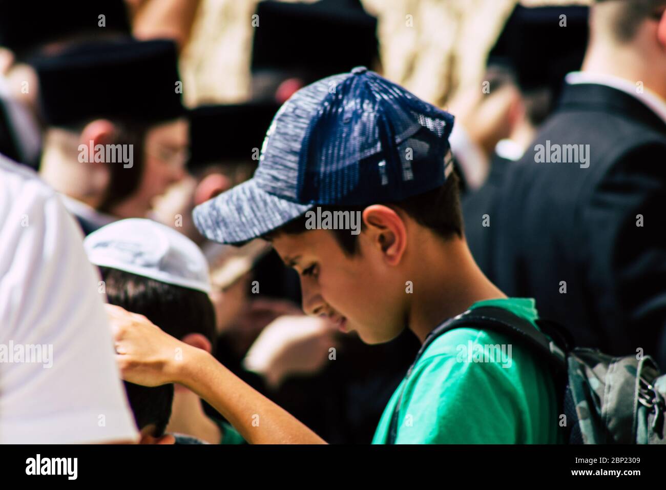 Jerusalem Israel June 19, 2019 View of young Israeli kid praying at the ...
