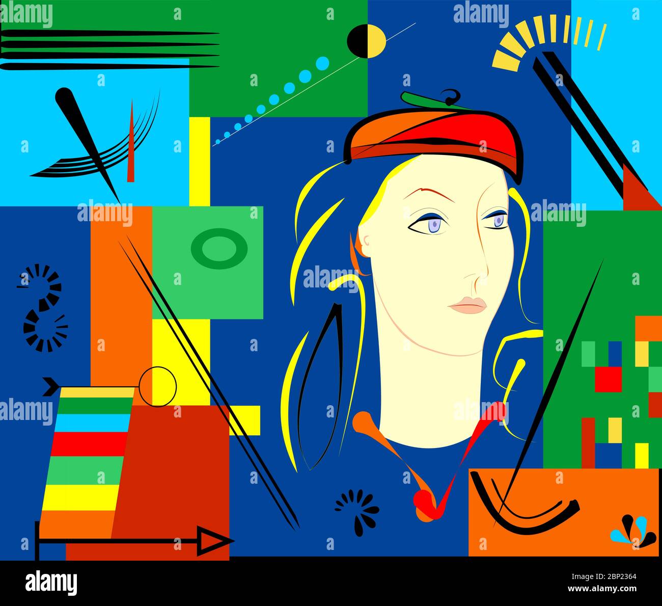 composition of abstract colorful shapes ,stylized woman ,on blue ...