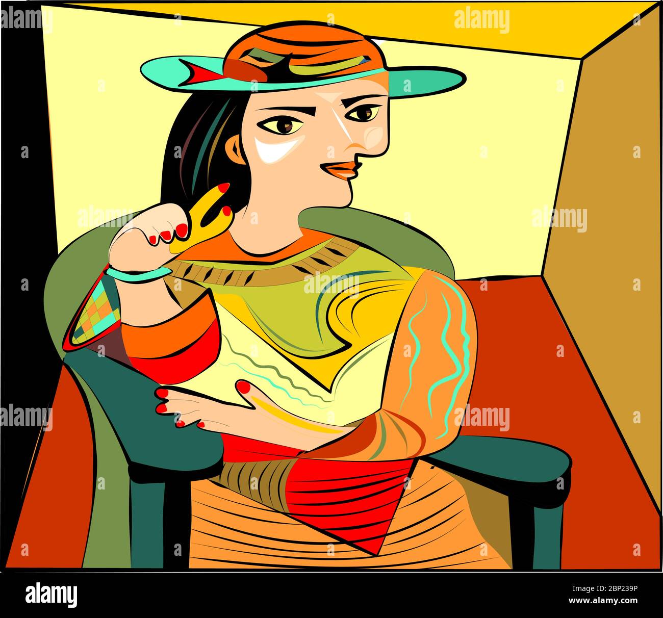 Colorful abstract background, cubism art style, woman in armchair with ...