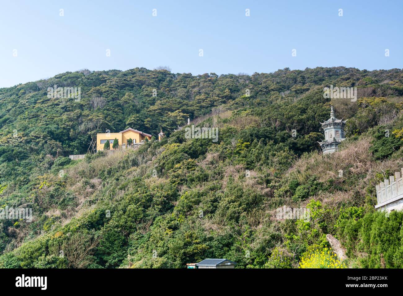 Building of Chinese buddhist temple in Mount Luojia, which lies in the ...