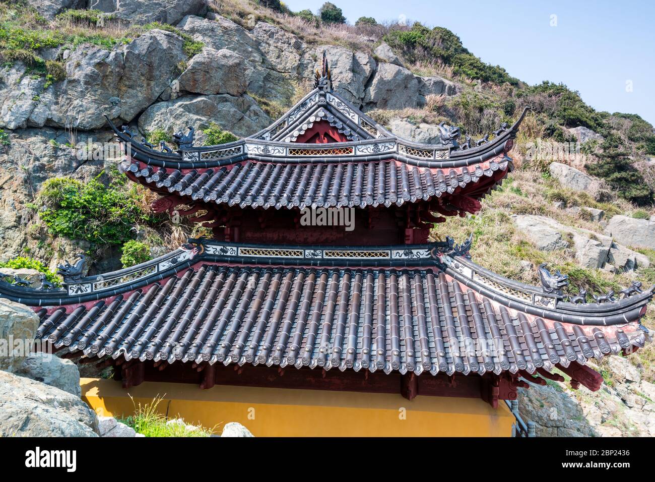 Building of Chinese buddhist temple in Mount Luojia, which lies in the ...