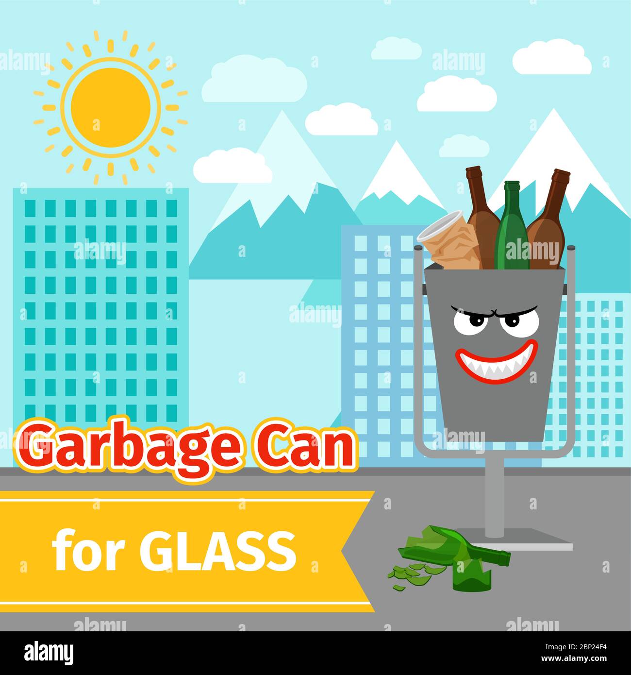 Garbage can with glass trash and monster face on the street, vector ...