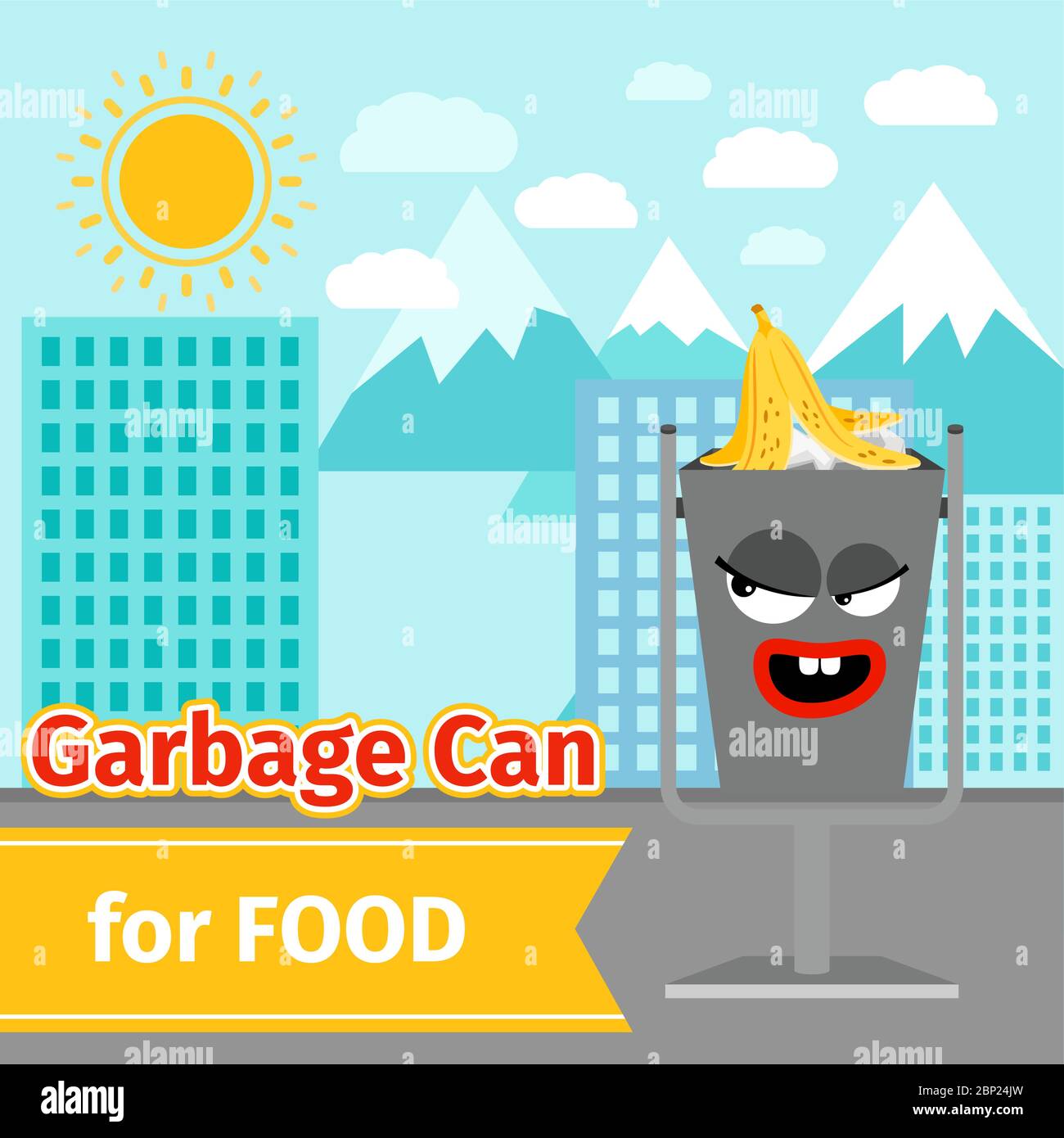 Garbage can with food trash and monster face on the street, vector ...