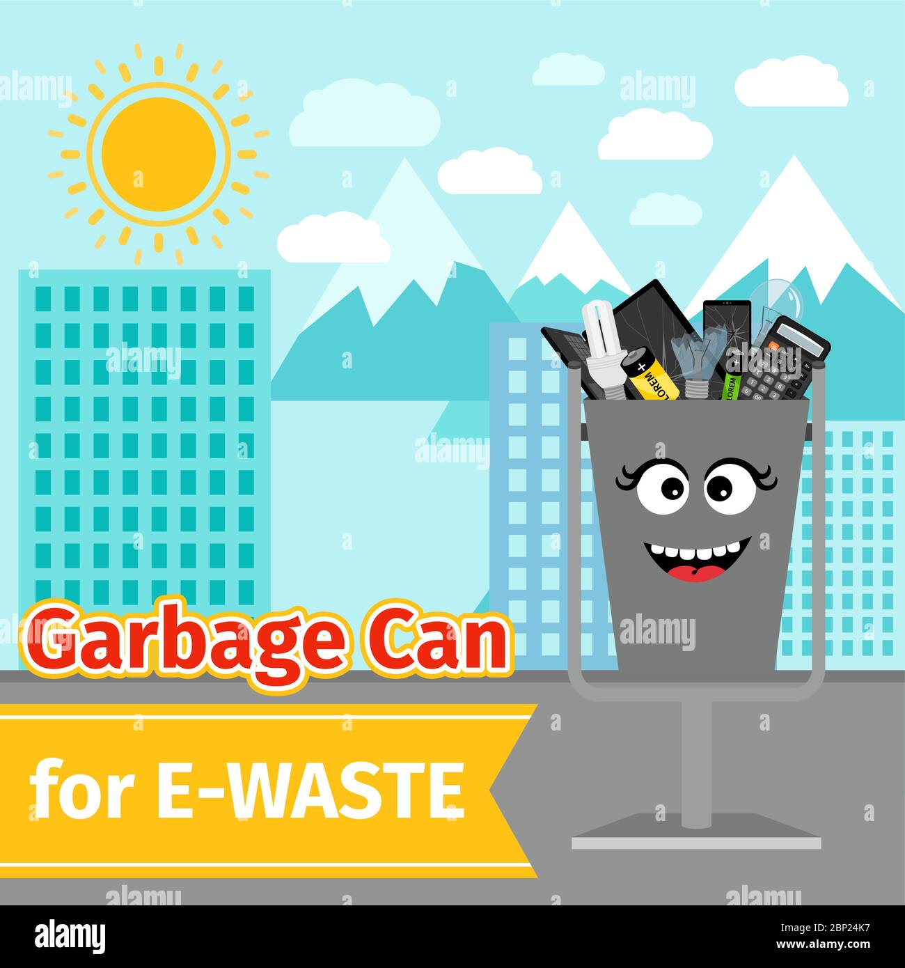 Garbage can with e-waste trash and monster face on the street, vector ...