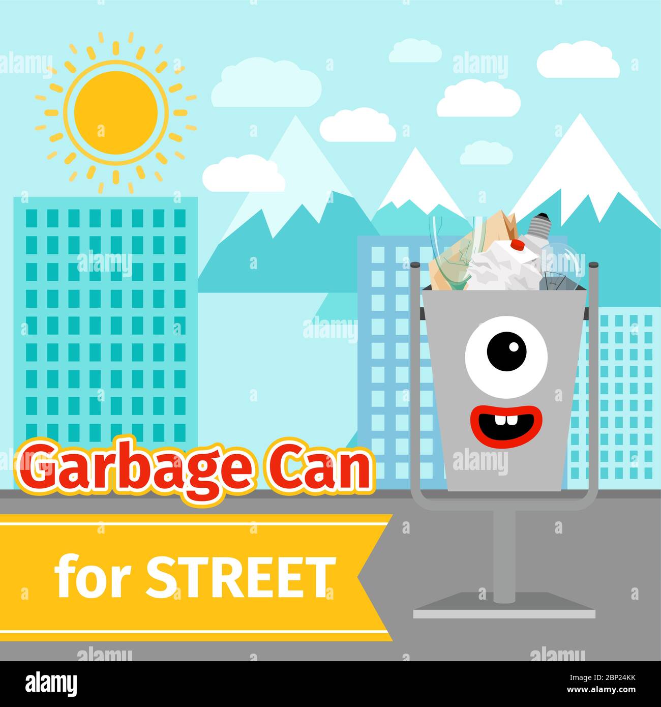 Garbage can with street trash and monster face on the street, vector ...