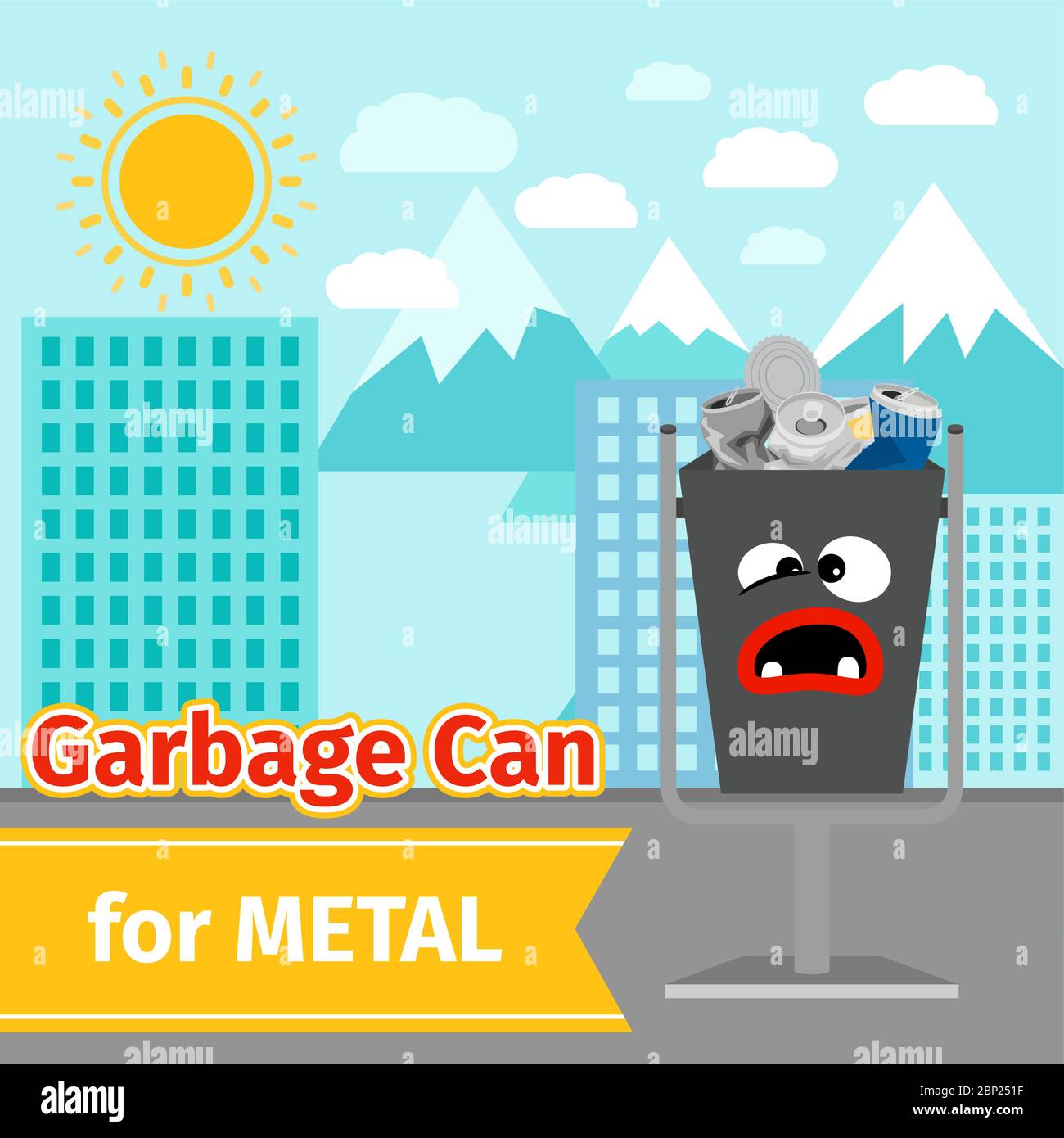 Garbage can with metal trash and monster face on the street, vector ...