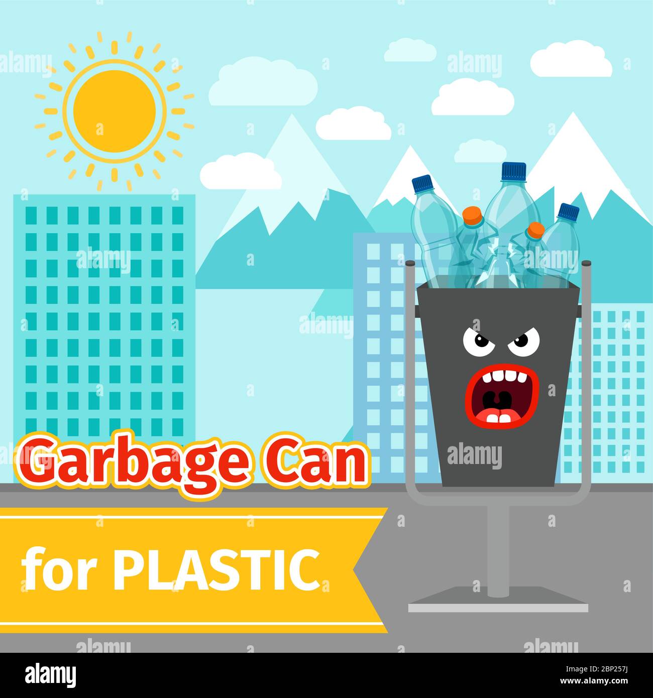 Garbage can with plastic trash and monster face on the street, vector ...