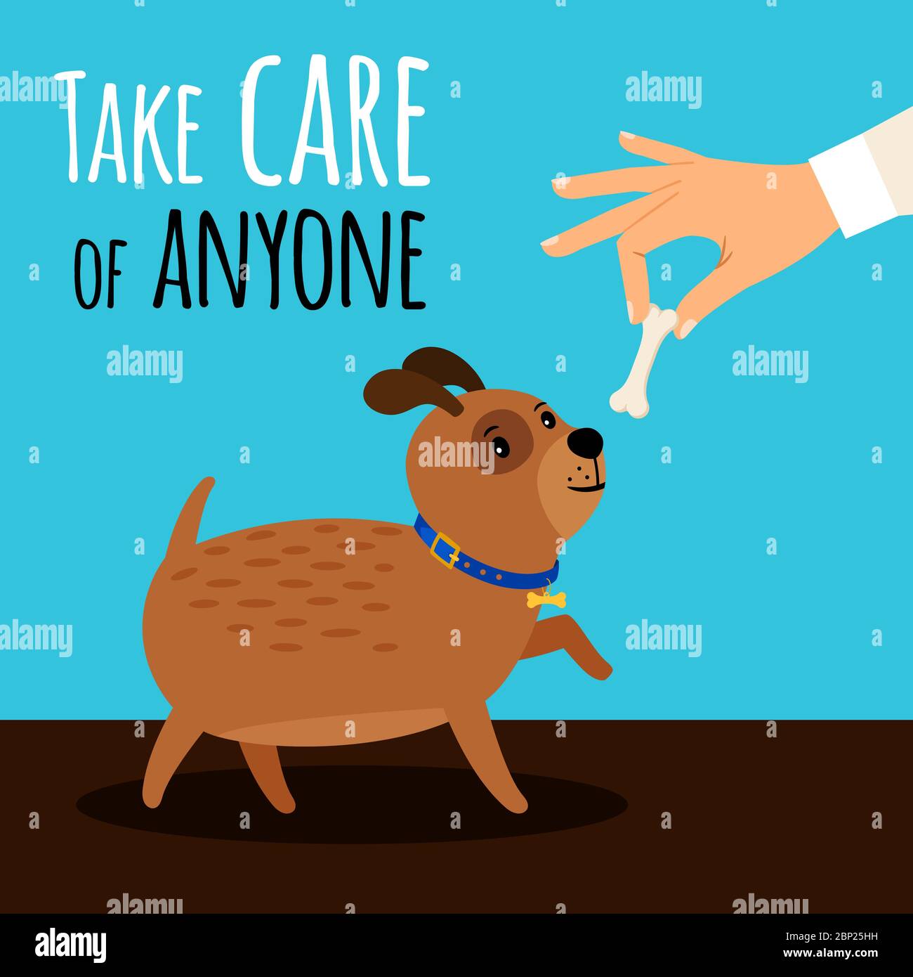 Hand offers dog bone. Be careful cartoon vector illustration with cute ...