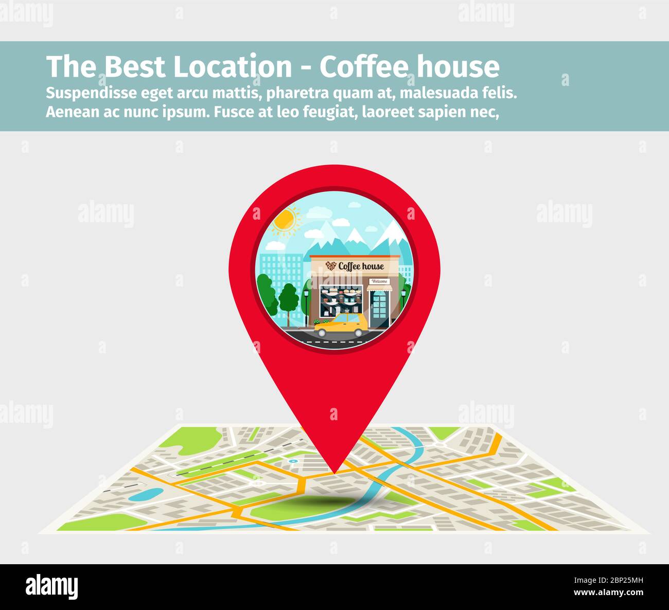 The best location coffee house. Point on the map with building, vector ...