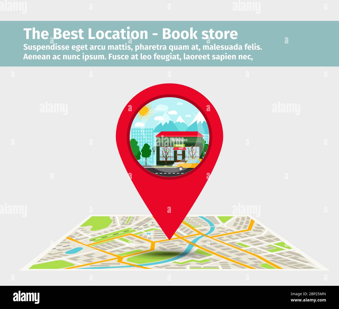 The best location book store. Point on the map with building, vector ...