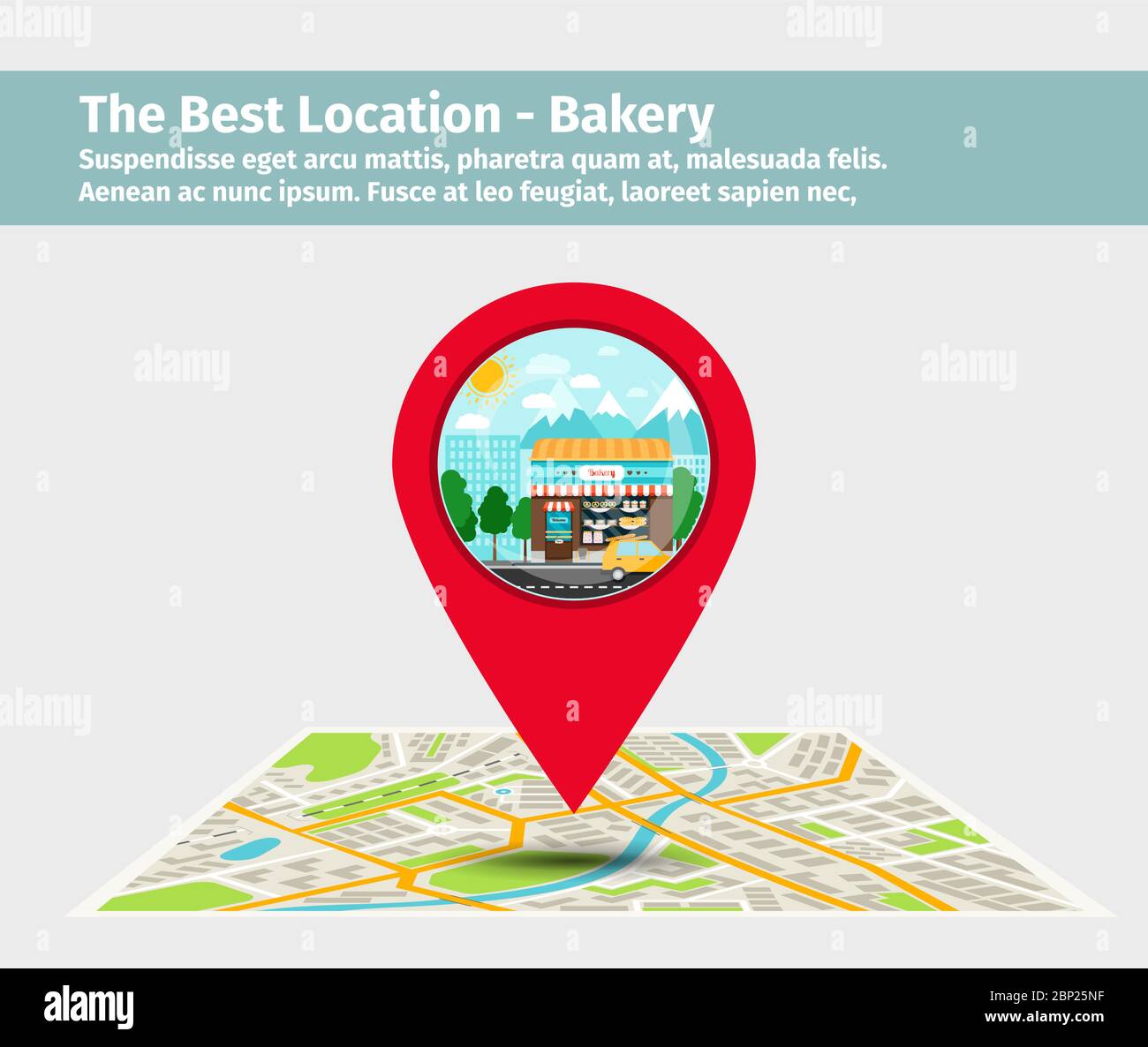 The best location bakery. Point on the map with building vector ...