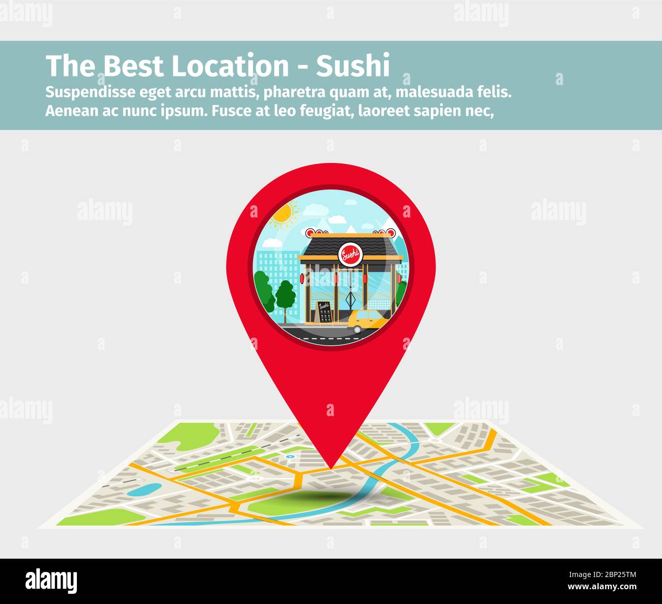 The best location sushi. Point on the map with building illustration ...