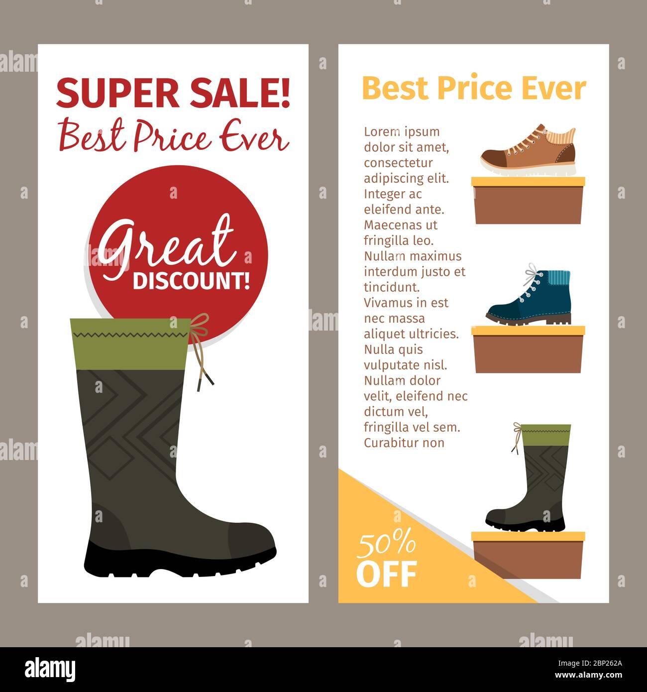 Shoes for men. Mans footwear like autumn boots. Vertical flyers design ...