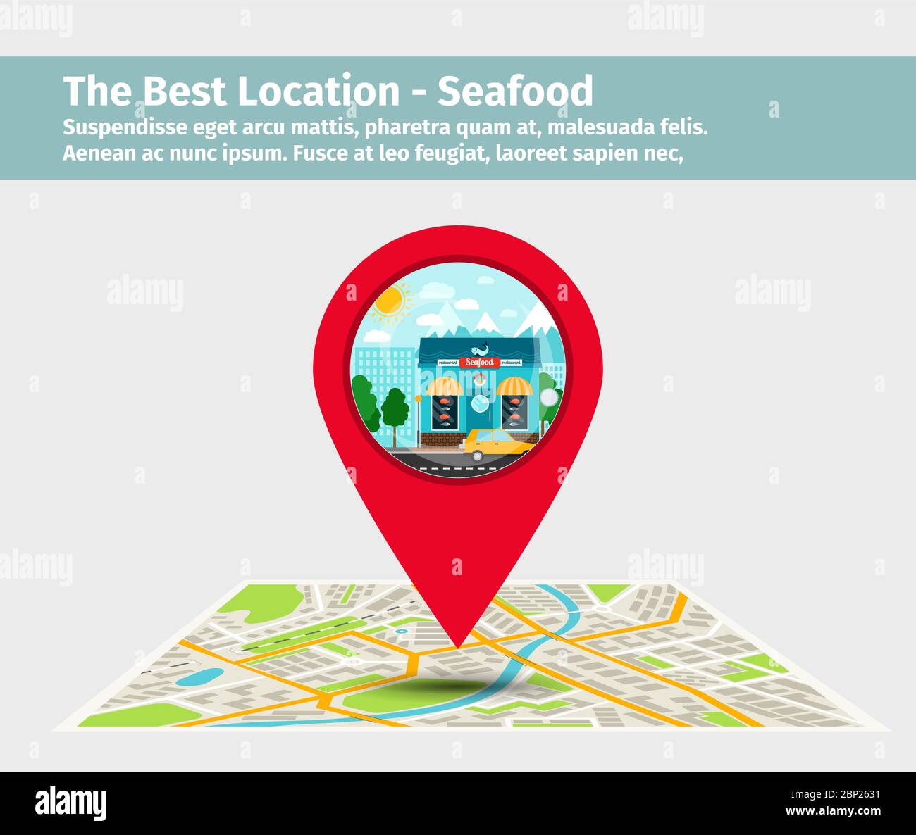 The best location seafood. Point on the map with building illustration ...