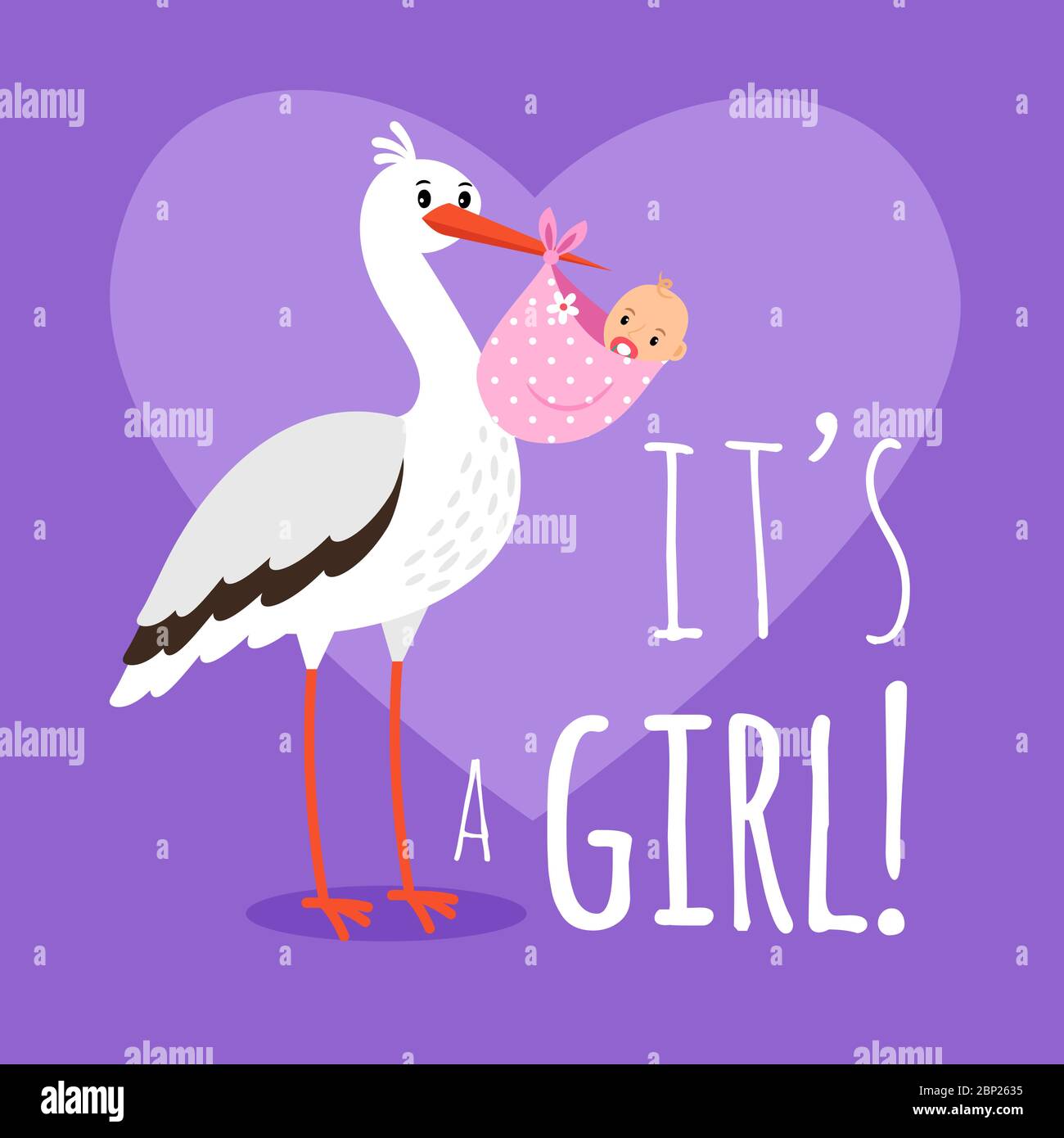 Stork with baby girl. Birth announcement card template with stork ...