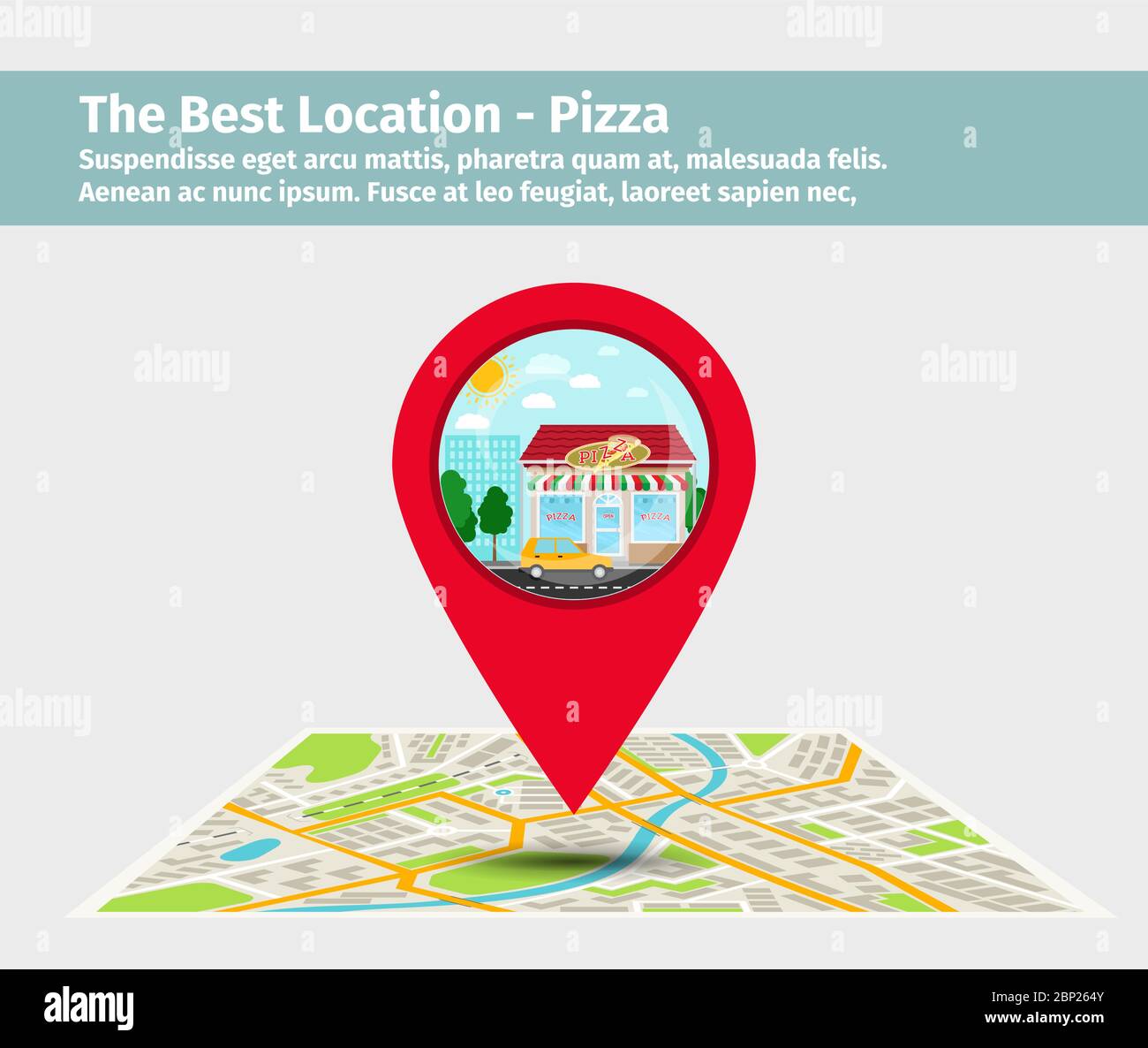 The best location pizza. Point on the map with building illustration ...