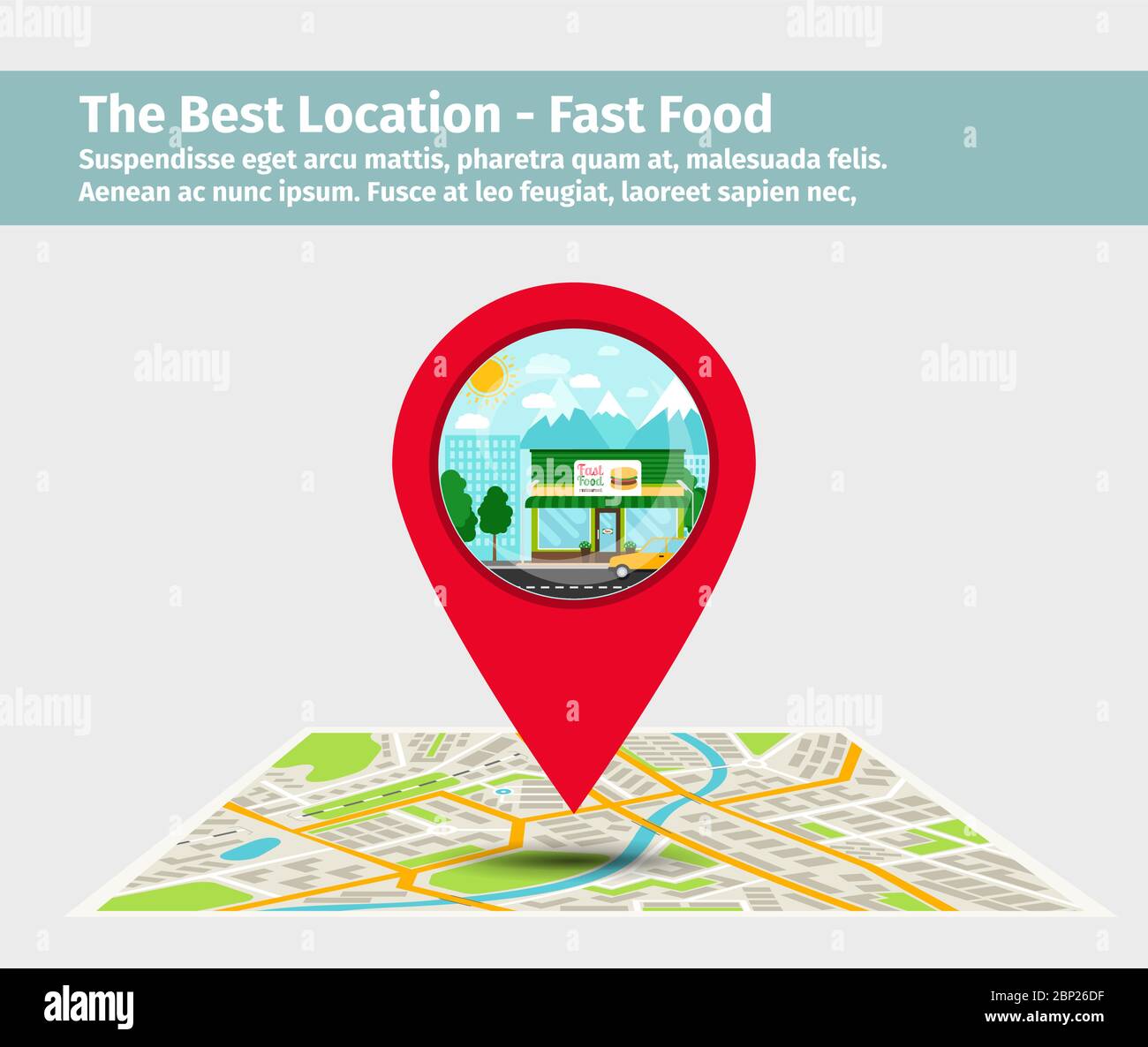 The best location fast food. Point on the map with building, vector ...