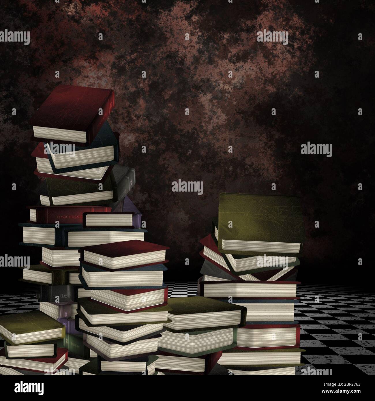 Old 3d rendered books in a stack in abstract room interior, digital ...