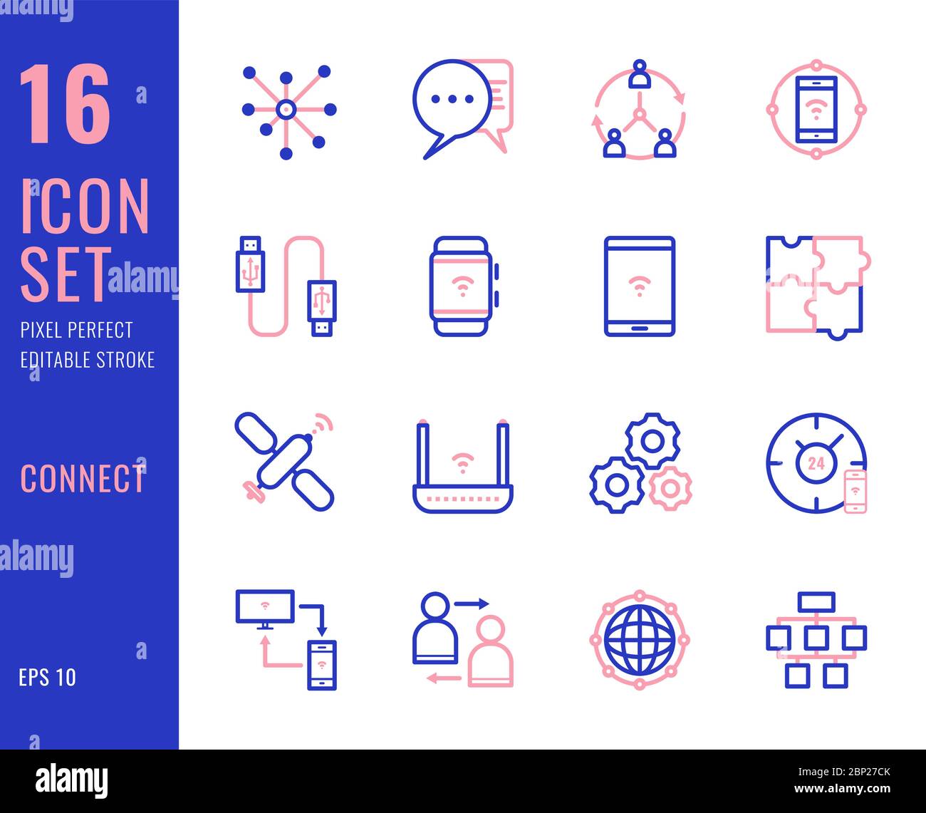 Set of 16 icons connection related thin line style. Editable stroke ...