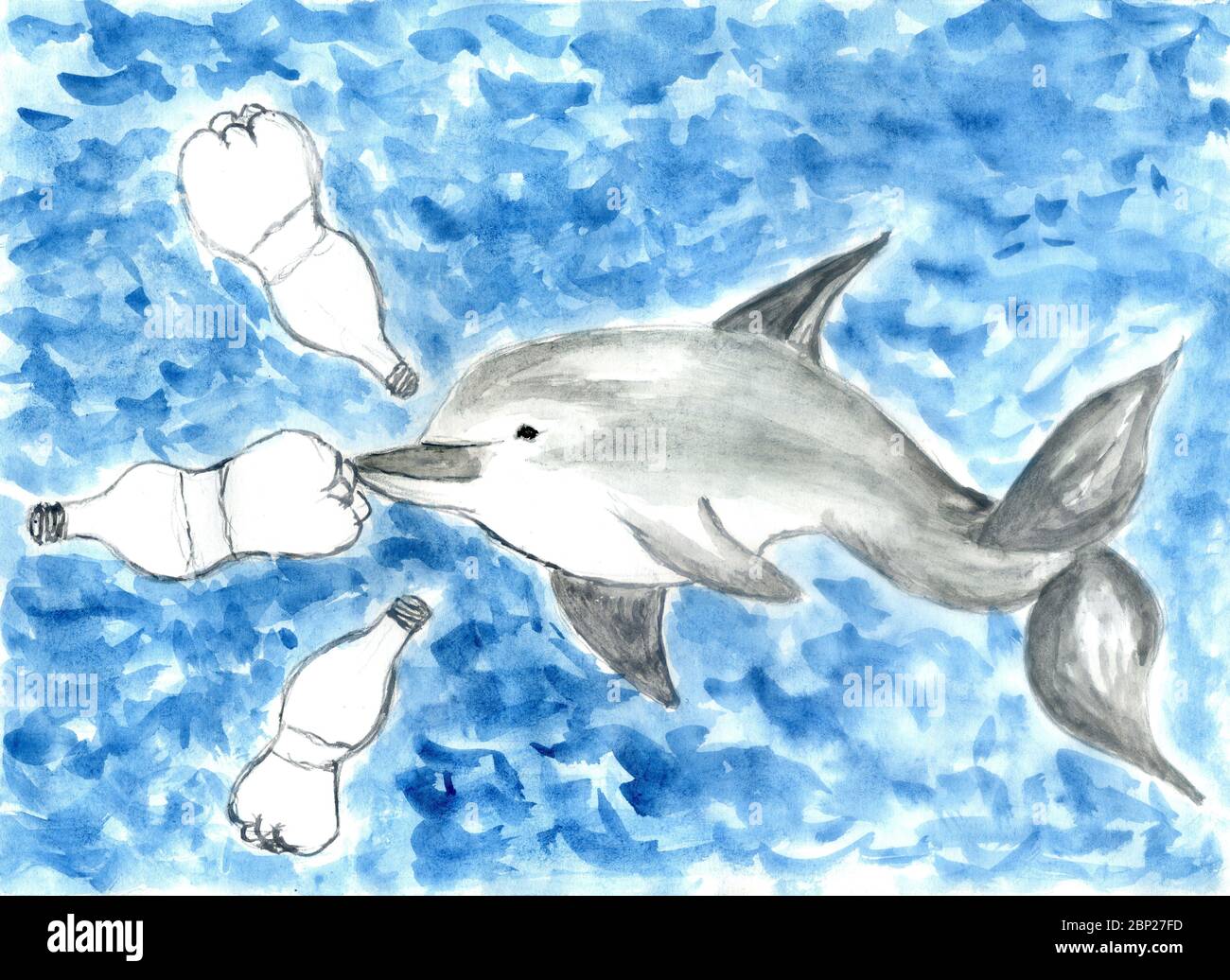 Plastic waste and dolphin in the ocean hand drawn illustration Stock ...
