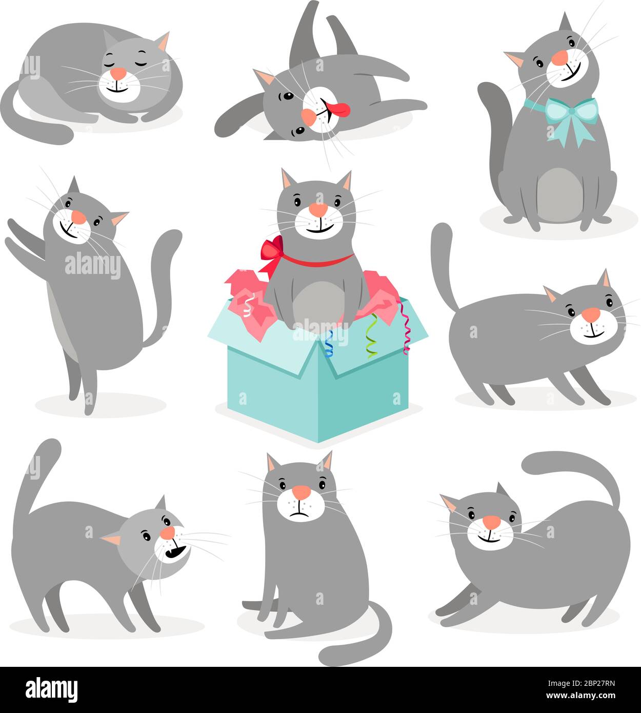 Cat character. Gray cute cat animal graphics collection isolated on ...