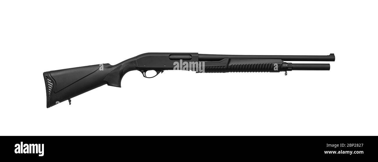 Modern pump-action shotgun with a plastic butt and fore-end isolate on ...