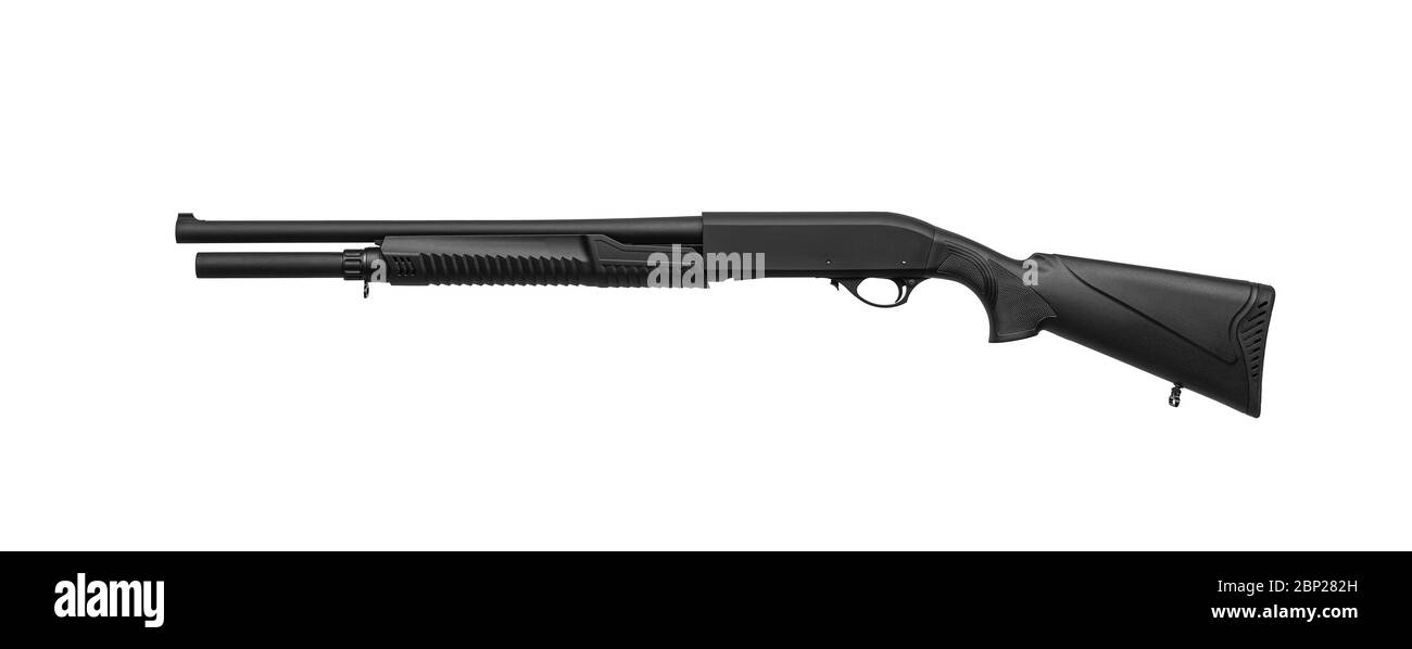 Modern pump-action shotgun with a plastic butt and fore-end isolate on ...