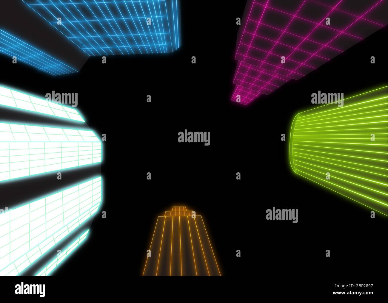 Skyscrapers with neon glowing grid over dark night background Stock ...