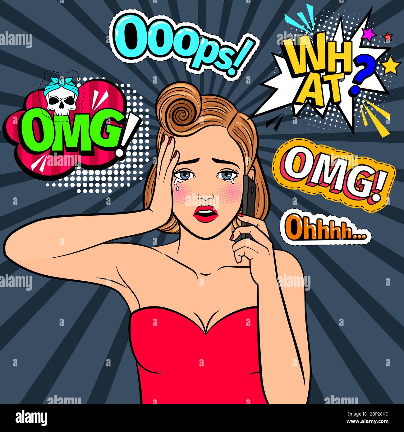 Sad retro girl. Vintage crying popart woman with omg and ooops comic ...
