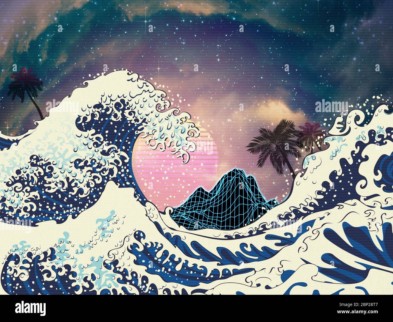 Ocean waves and palm trees, neon mountain, retro style illustration ...