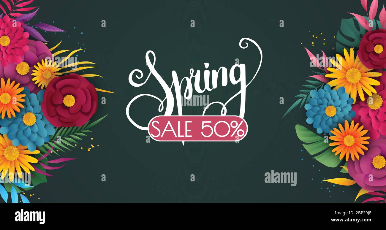 Spring sale banner with flowers on a green background. Banner for ...