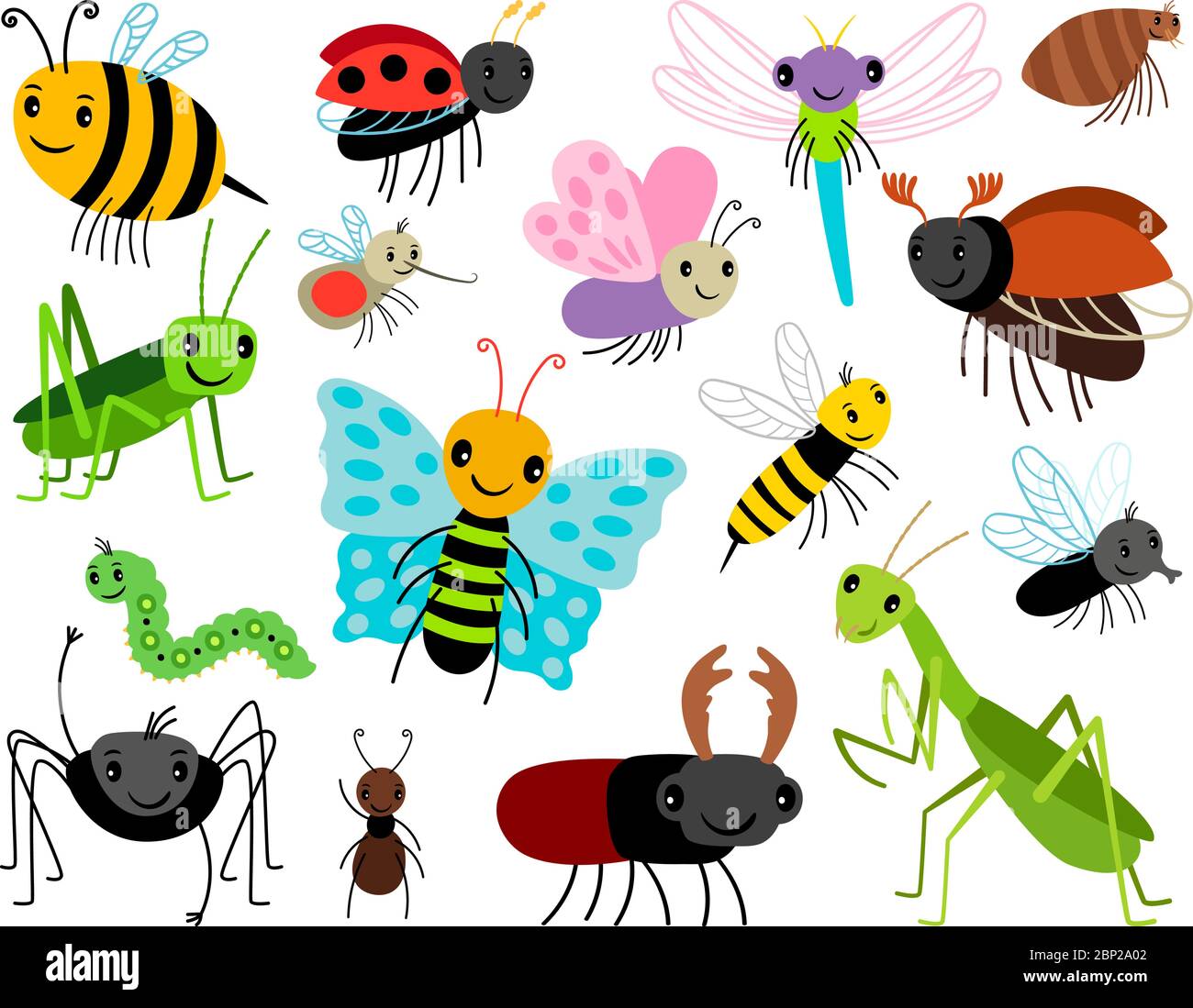 Cartoon insects. Vector cute insect collection, fly and ladybug, mantis ...