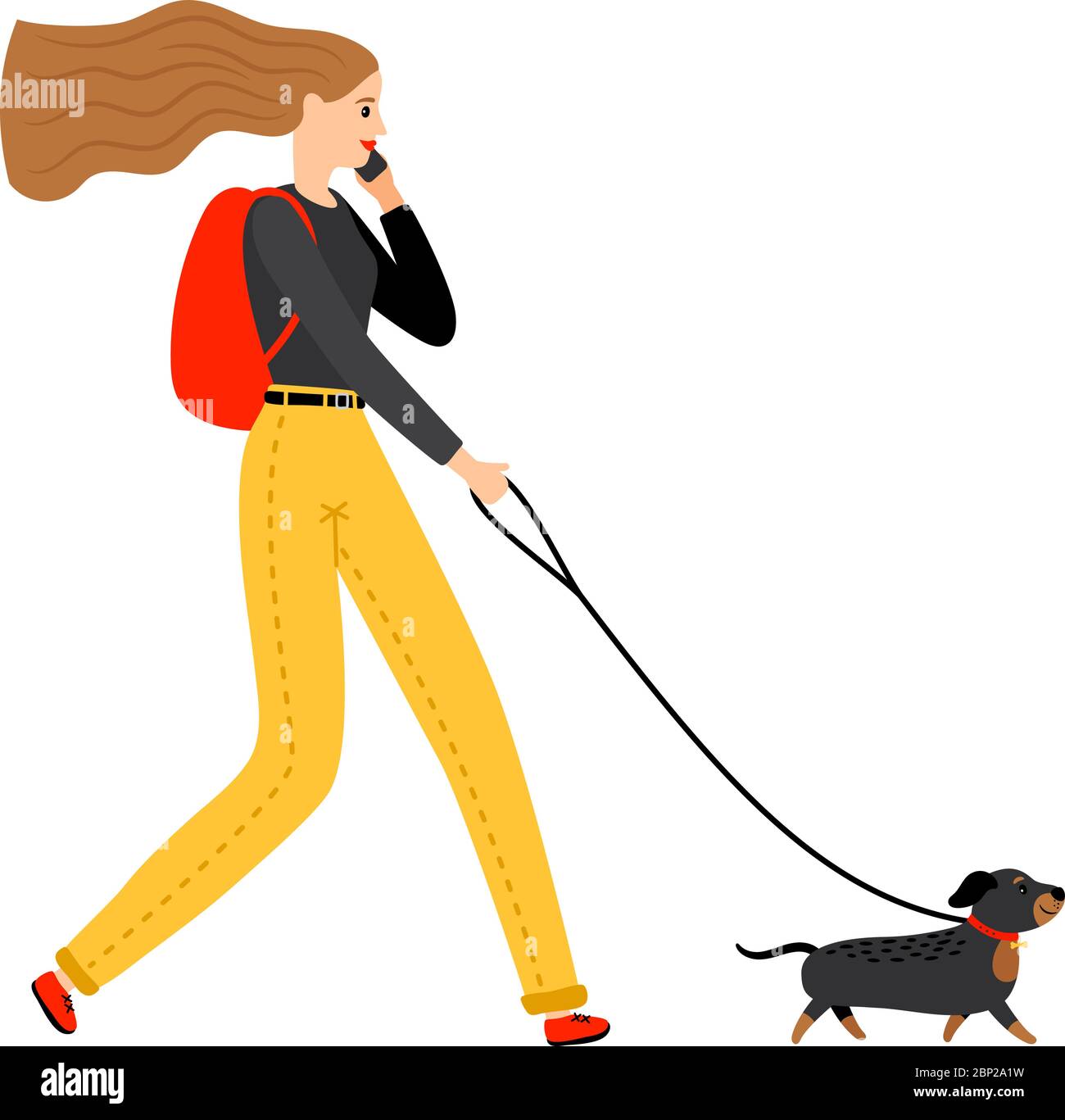 Woman walking with dog. Young female person walk pet dog on leash ...
