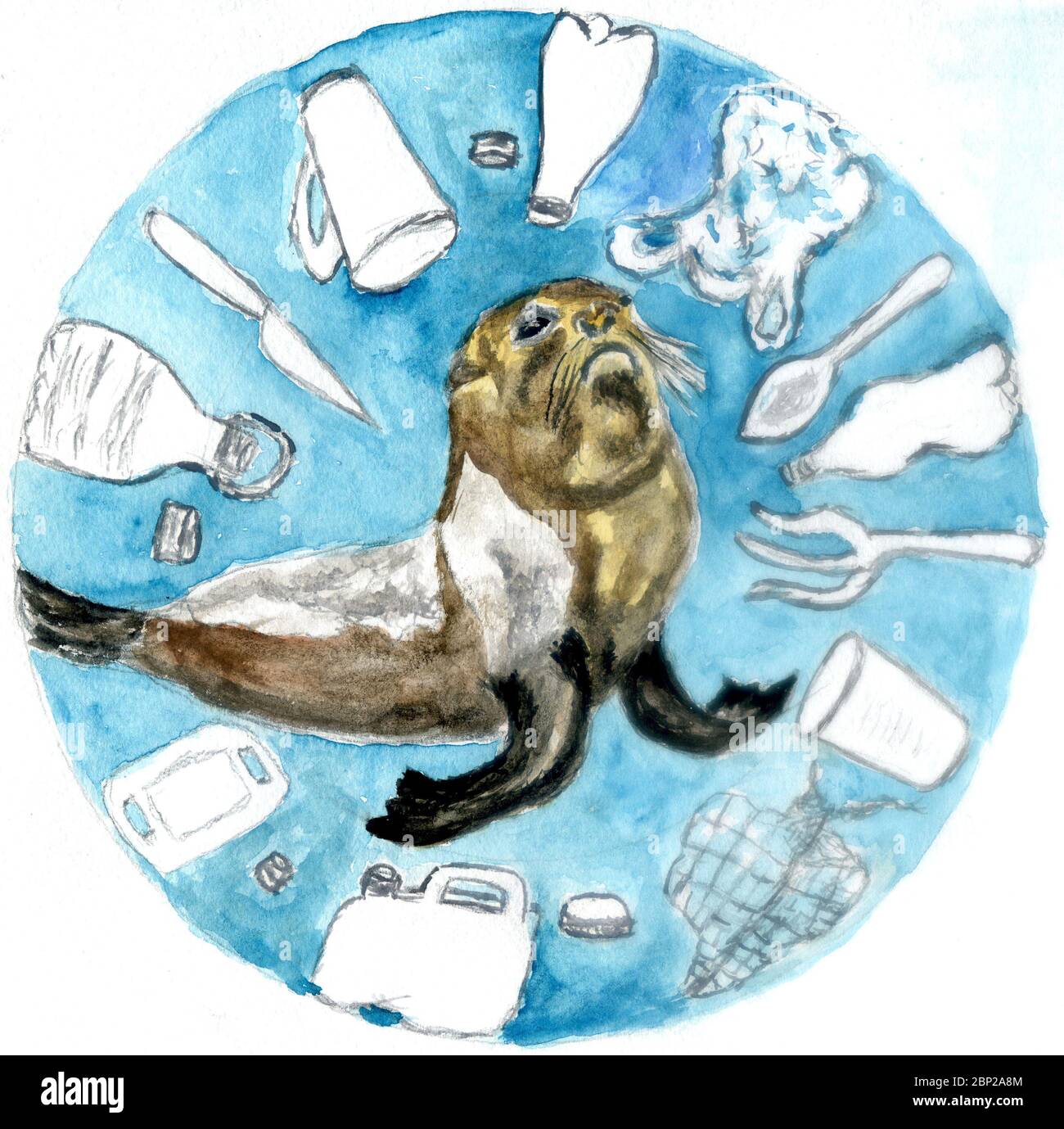Plastic waste and sea lion in the ocean hand drawn illustration Stock ...