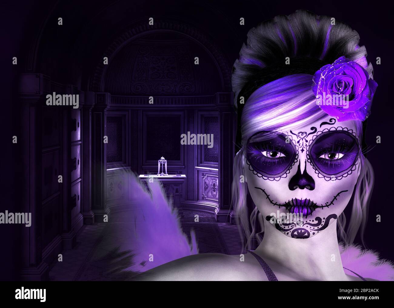 Dark spooky crypt and woman with sugar skull makeup, 3d illustration ...