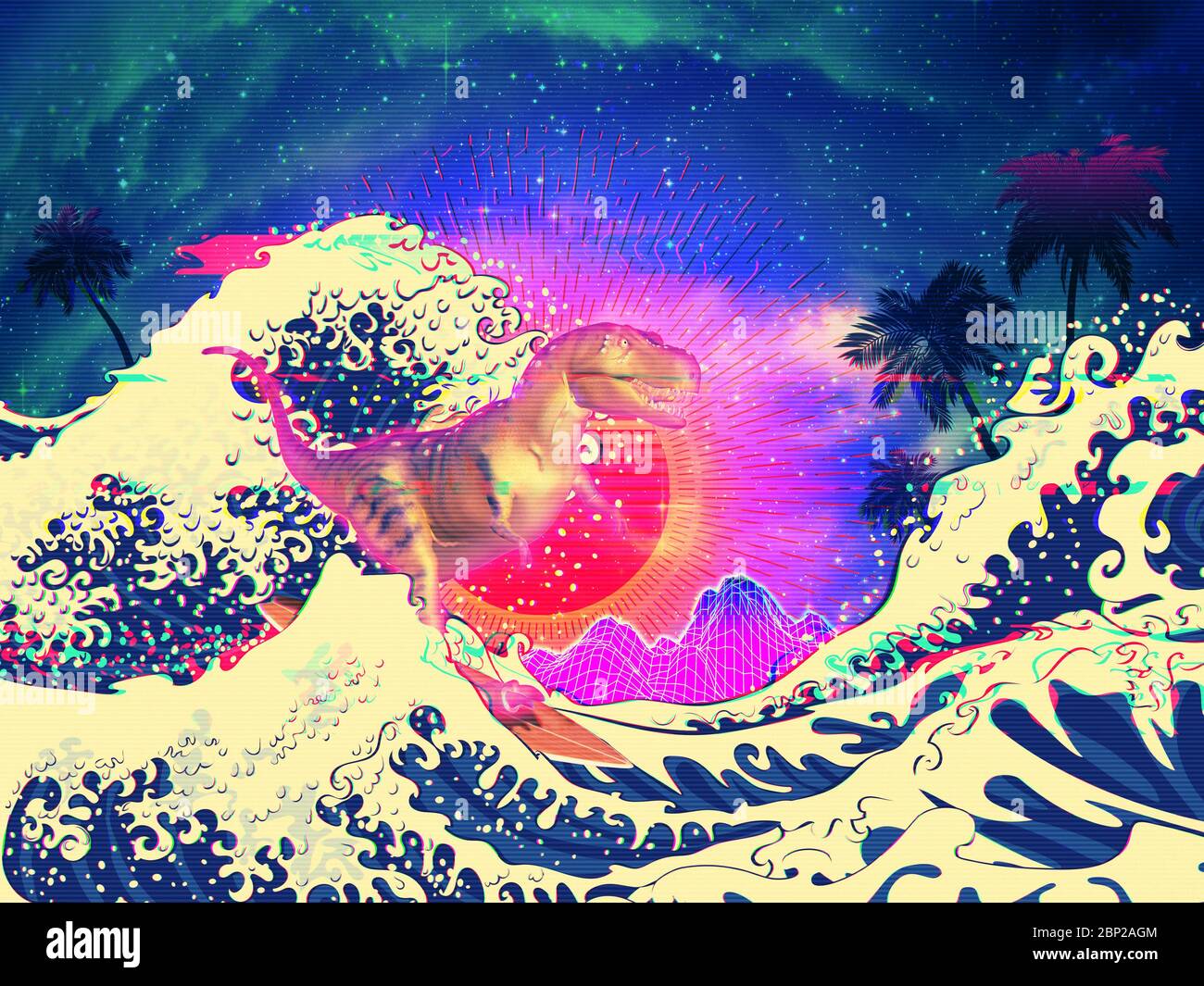 Ocean waves, palm trees, neon mountain and surfing 3d Tyrannosaurus rex ...