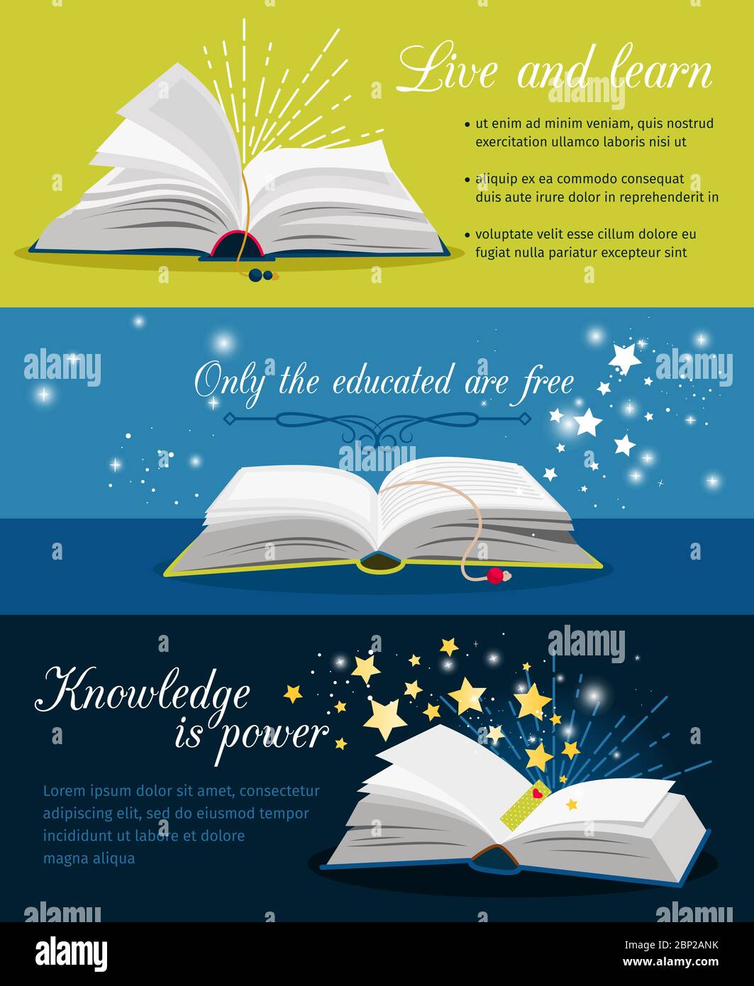 Books reading banners. Open book with stars and magic glow and text ...