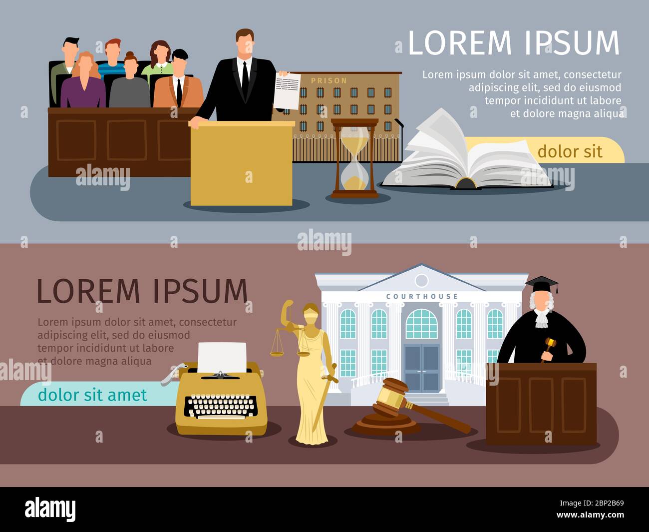 Justice banners. Vector law and courtroom banner set, legal system ...
