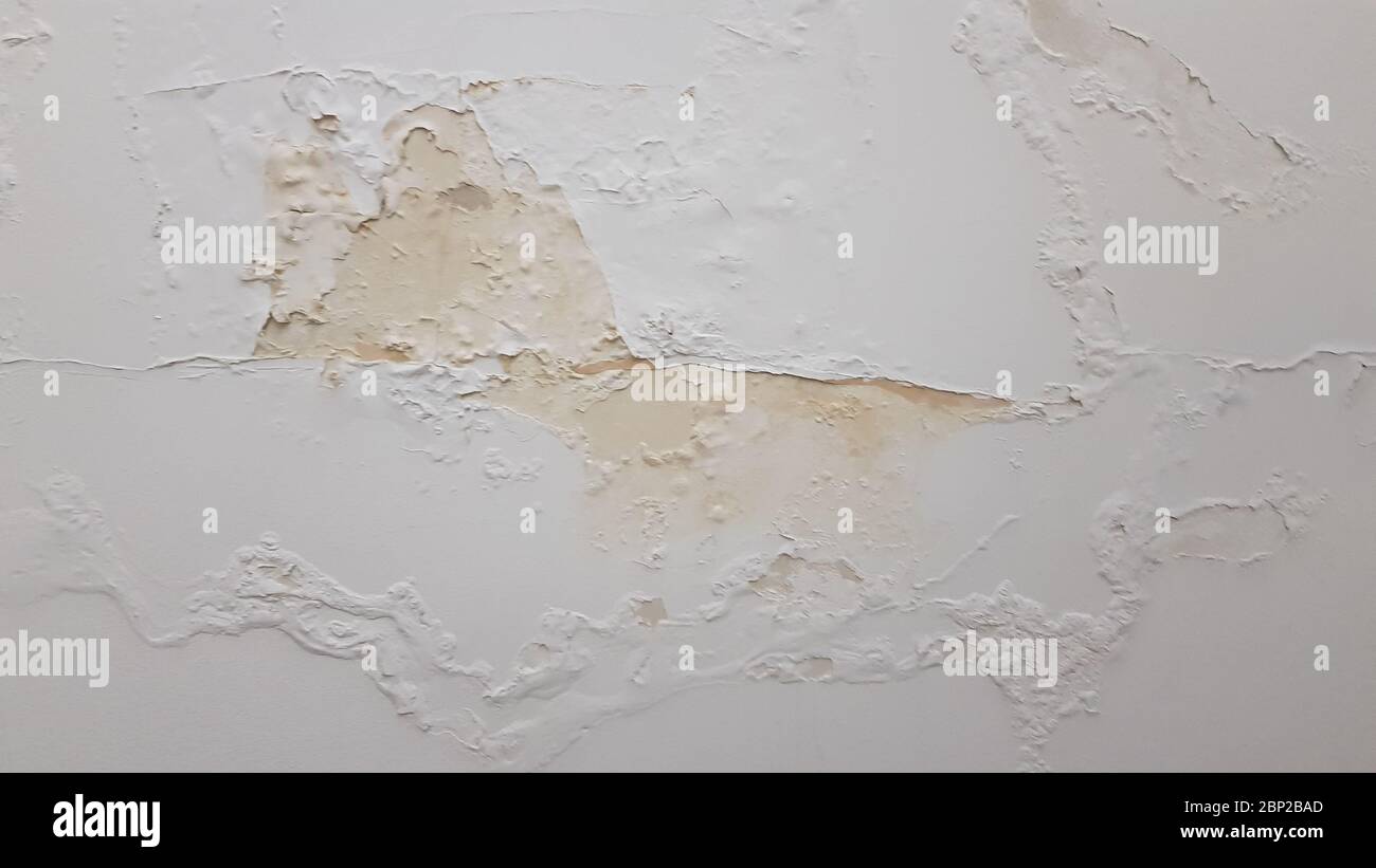 Old stucco wall with flaking paint and yellow surface damaged by ...