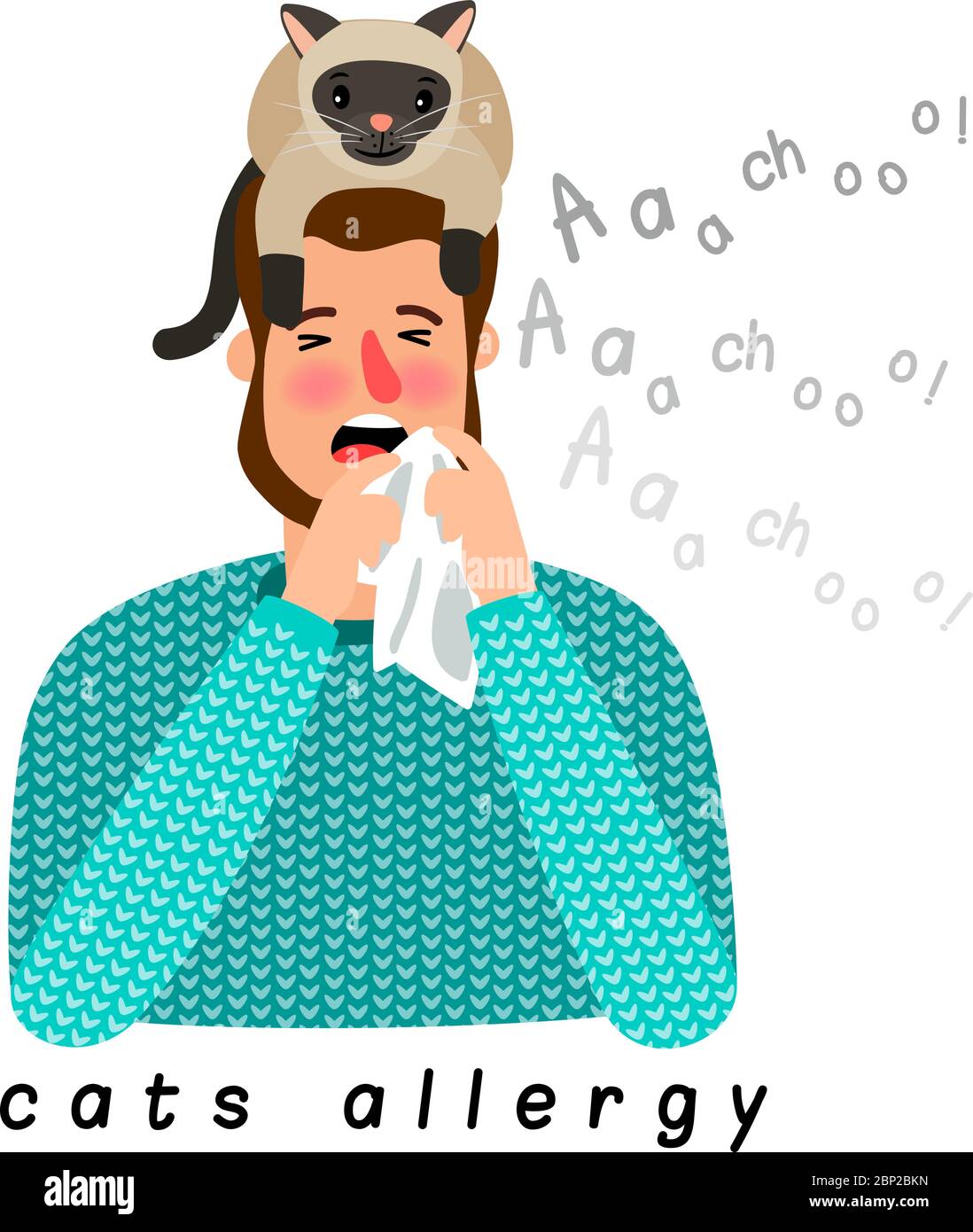Cat allergy. Allergic person with cat on head, ill man with pets ...