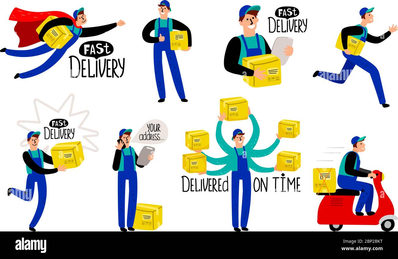 Cartoon delivery courier. Fast delivery boy on motorbike vector ...