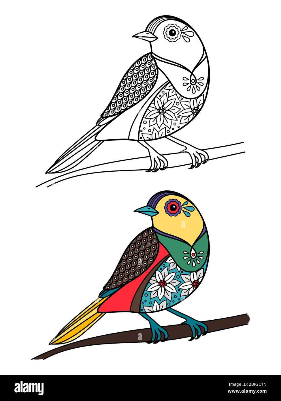 Coloring bird with doodle sample isolated on white, vector illustration ...