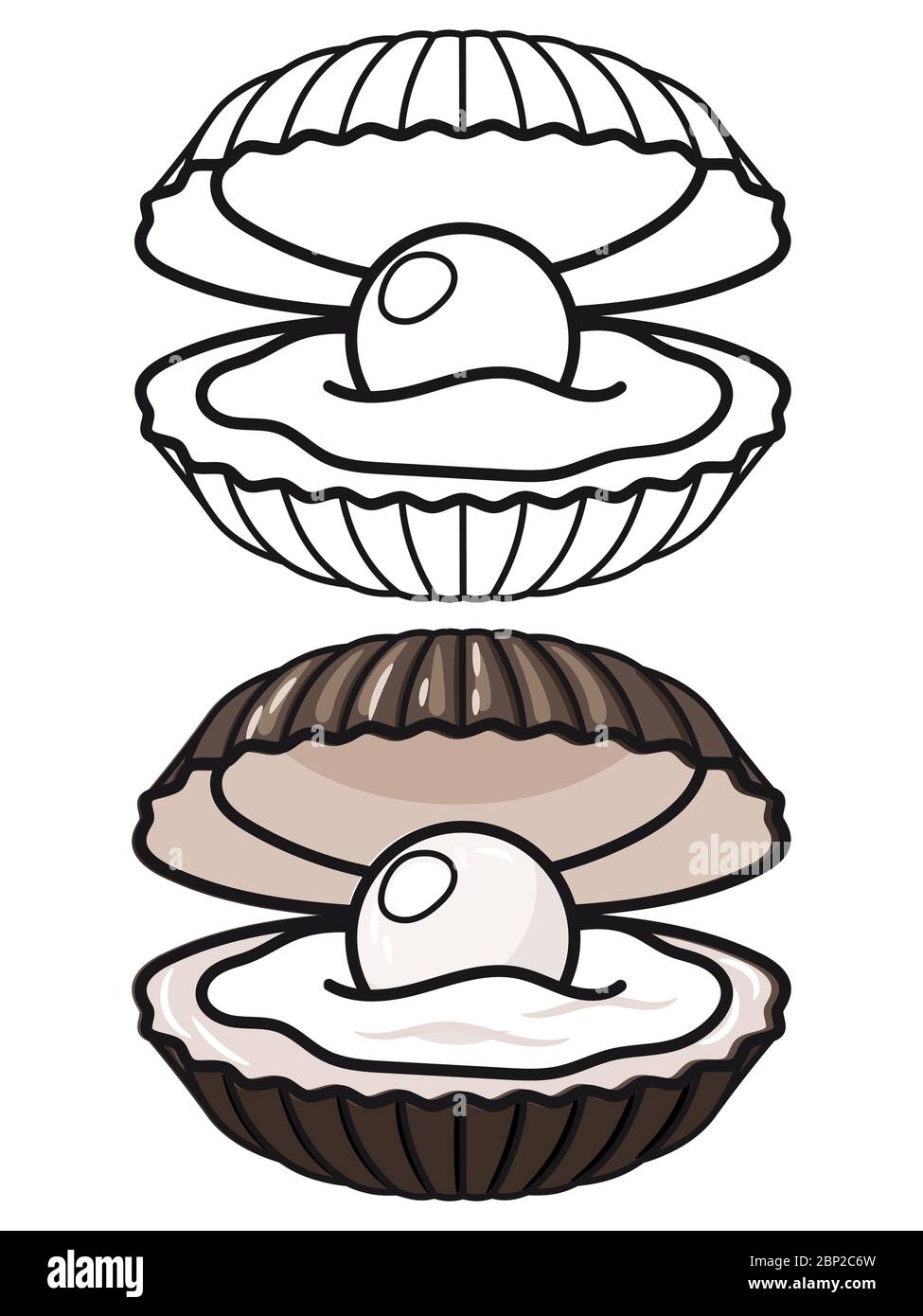 Cartoon and outline sea shell with pearl. Shell for kids training ...