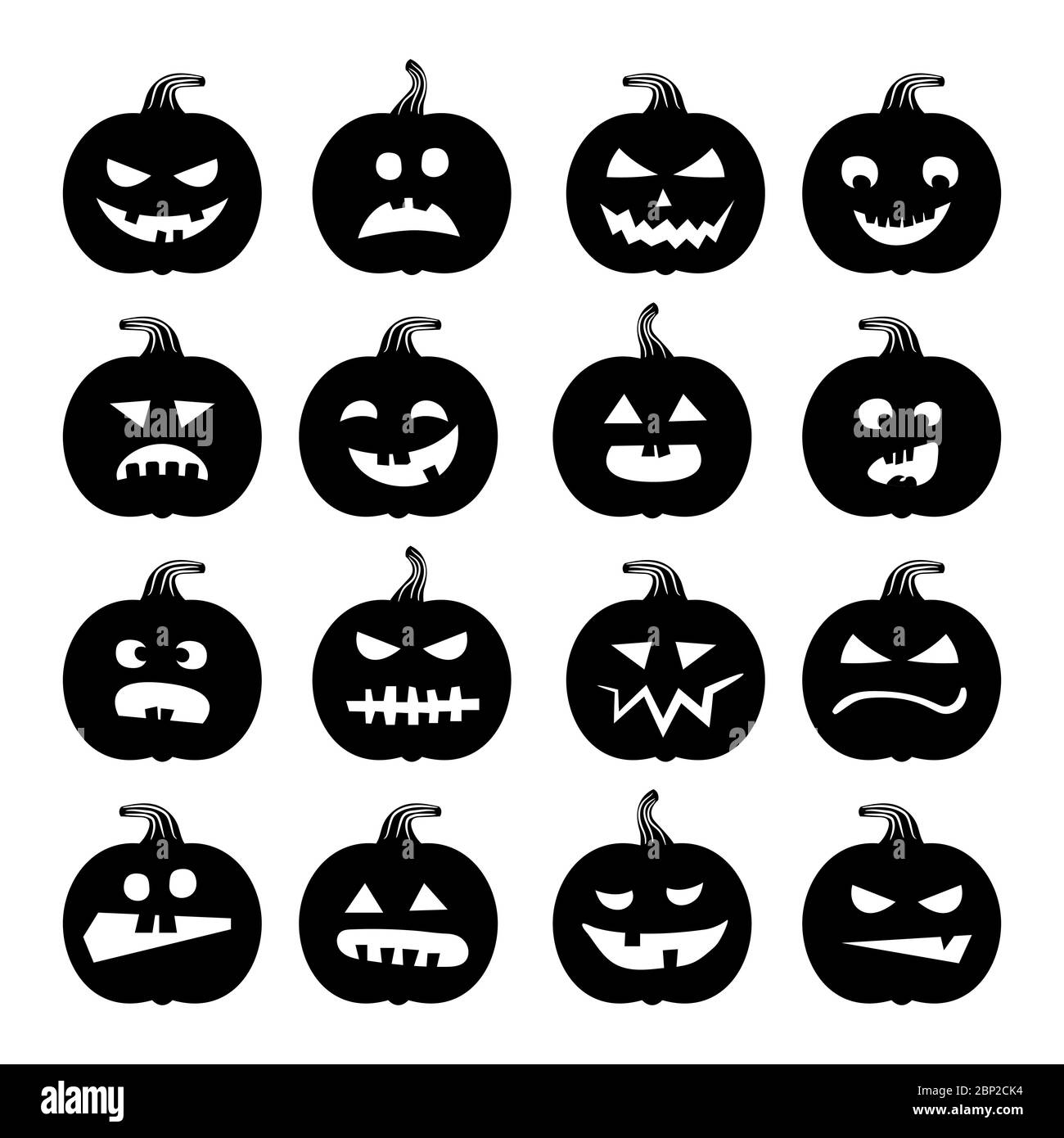 Pumpkins icons. Vector black halloween pumpkin silhouette set isolated on white background Stock ...