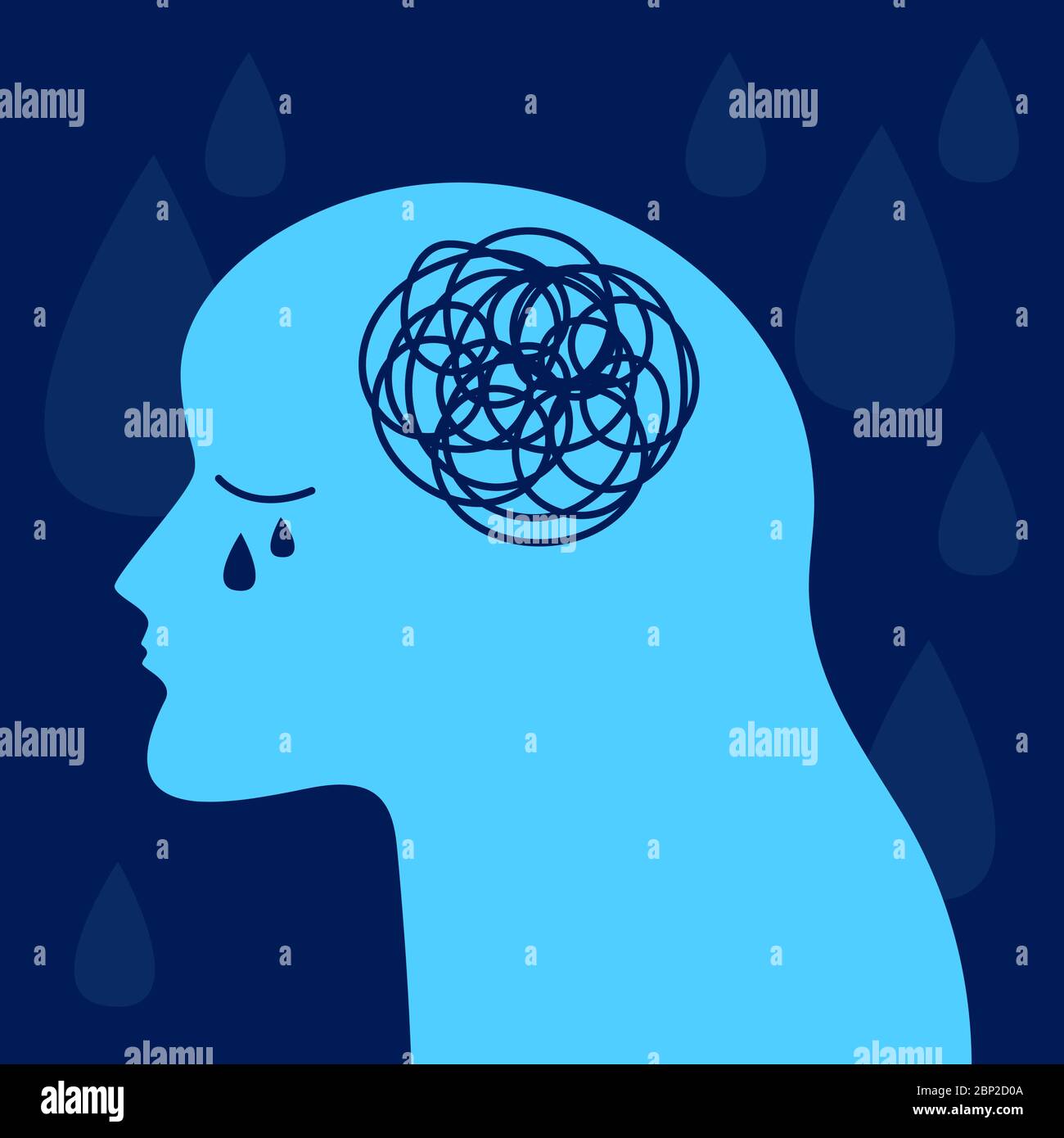 Profile of lonely crying girl with tangle of thoughts in her head ...