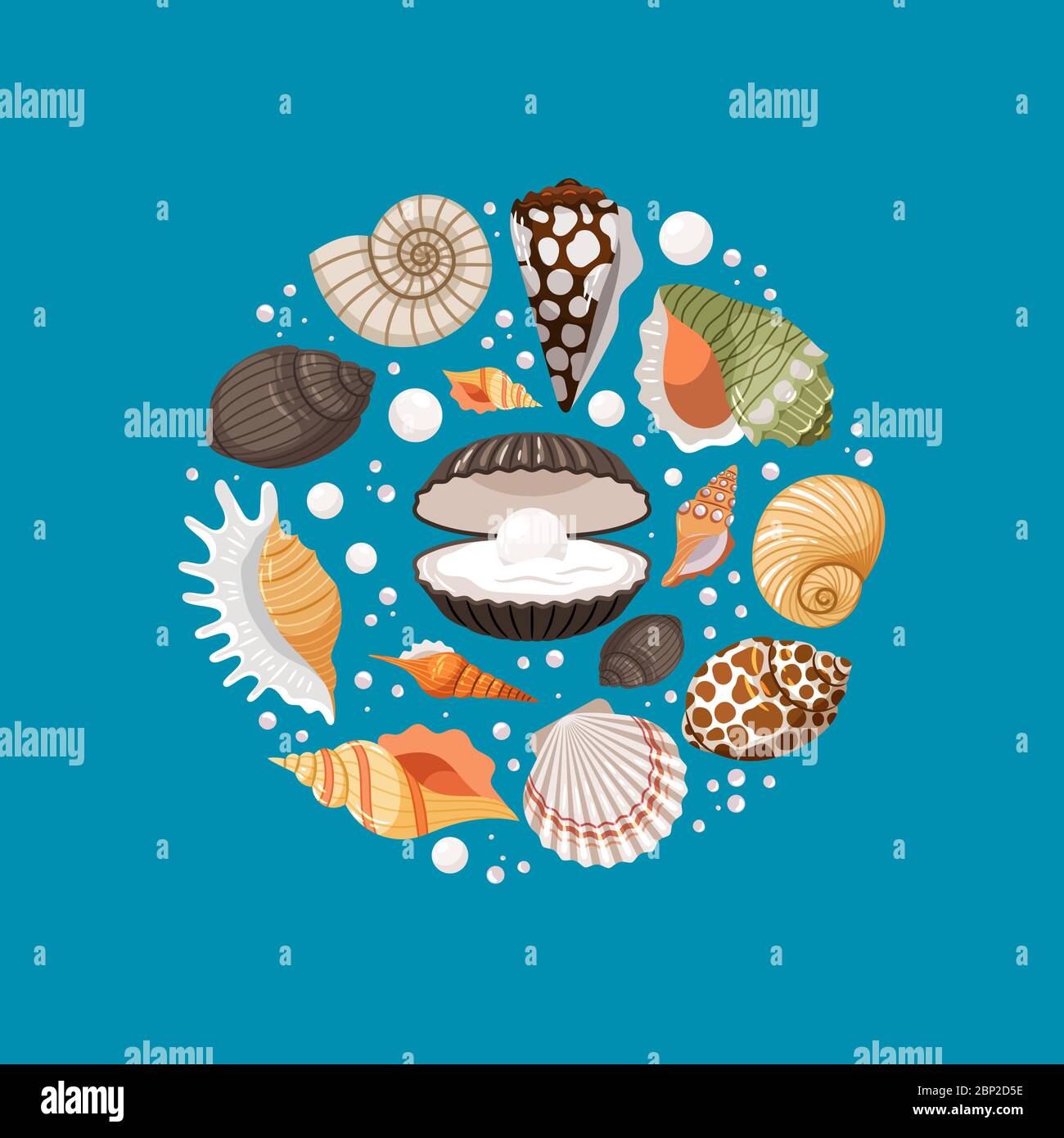 Cartoon sea shells and white pearls round banner, logo or emblem design ...