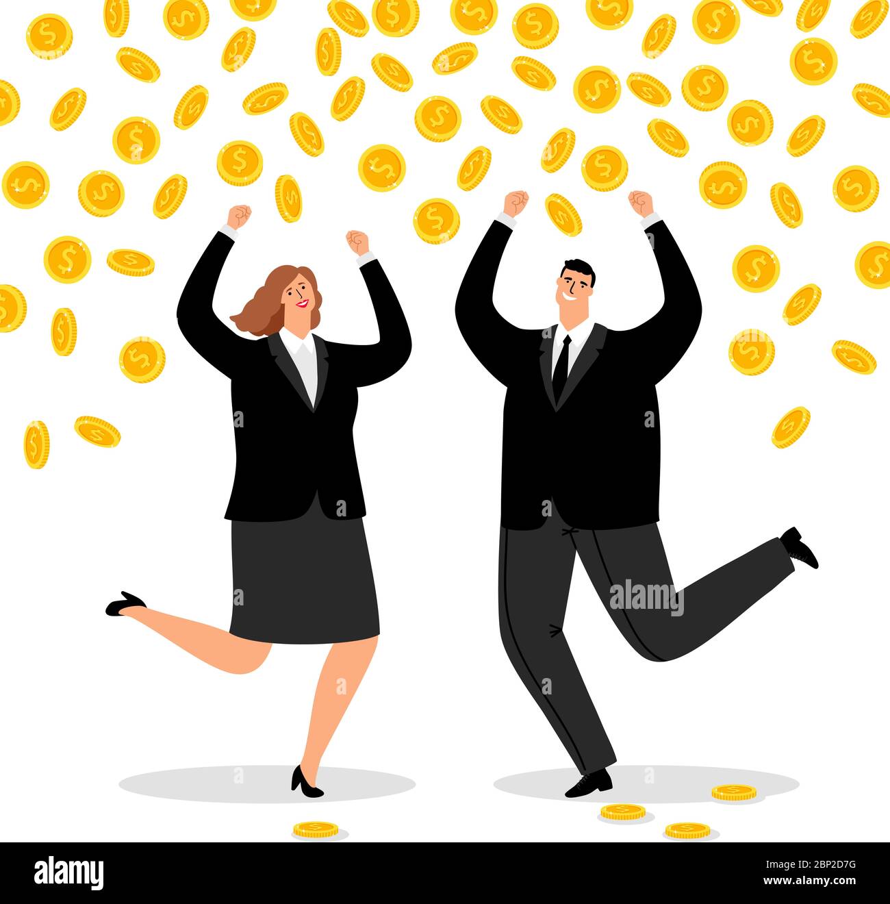 Rich business couple. Money rain for happy office woman and businessman ...