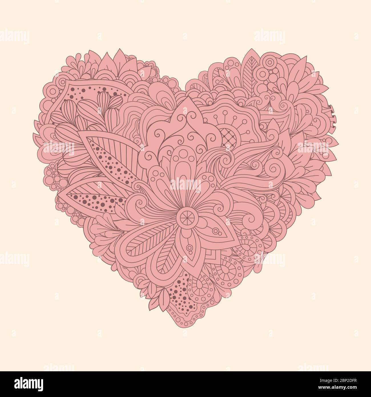 Doodle floral heart. Vintage printable heart with linear flowers vector ...